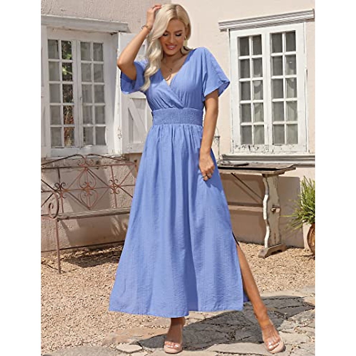 KOJOOIN Womens V Neck Short Sleeve Solid Long Dresses Smocked High Waist Slit Maxi Dress Blue M
