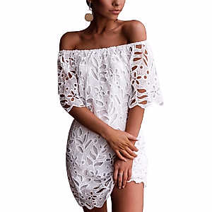 PRETTYGARDEN Women's Summer Off Shoulder Vintage Floral Lace Flare Short Sleeve Loose Elegant Mini Dress (White,Large)