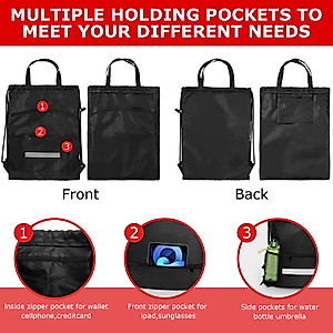 AURUZA Drawstring Backpack Bag, Waterproof Black Draw String Back Sack with Zip Pocket PE Gym Cinch Tote Basketball Soccer String Bags Sackpack Bulk Swim Bag for Men Women