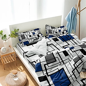 Blue Square Geometric Art Duvet Cover Sets 4 Piece Queen Ultra Soft Bed Quilt Cover Set for Kids/Teens/Women/Men,Modern Gray Abstract Lines White Back Bedding Collection All Season Use