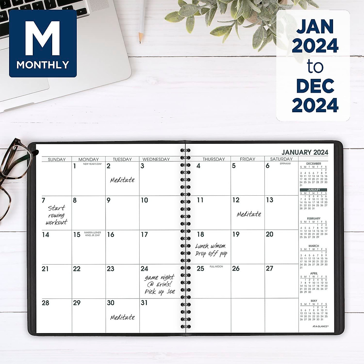 AT-A-GLANCE 2024 Monthly Planner, 7" x 8-3/4", Medium, Large Print, Black (70LP090524)