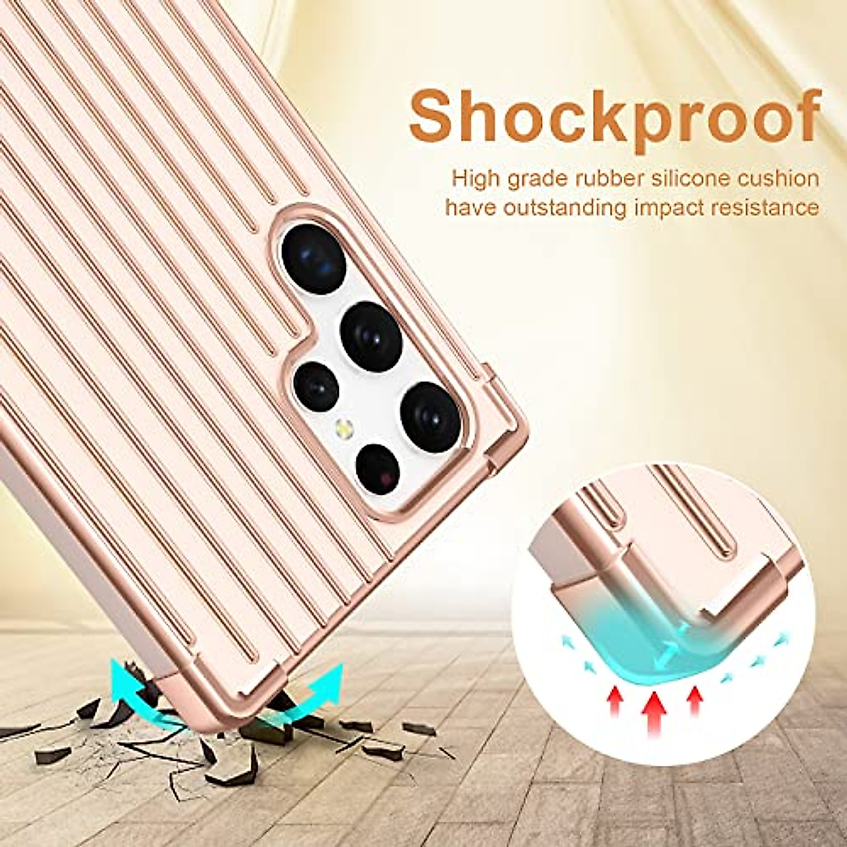 PTUONIU for Samsung Galaxy S22 Ultra Case, Luxury Electroplate Edge Bumper Case Wristband Kickstand Rugged Cover with Fashion Designs for Women Girls,Protective Phone Case for S22 Ultra Rose Gold