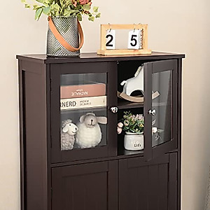 Iwell Bathroom Storage Cabinet, Linen Cabinet with Glass Doors & Adjustable Shelf, Freestanding Storage Organizer for Living Room, Home Office, Bathroom, Brown