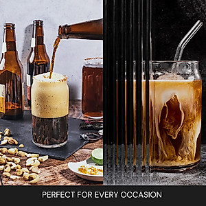 OMINA - 6-Pack Glass Cups of 16oz, Set with Lids & Straws, Beer Can Tumbler with Reusable Accessories and a Recipe e-Book