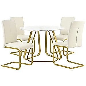 Zenvya 5-Piece Dining, Round Dinette Suit with Faux Marble Table and 4 Upholstered Chairs with Metal Legs, Modern Living Room Furniture Set for Home Kitchen Apartment, White