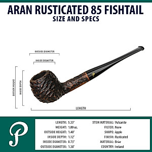 Peterson Pipes Aran - Mediterranean Briar Pipe, Handmade Wood Irish Pipe Hand Crafted in Ireland, Straight Apple, No Filter, Fishtail, Rusticated, 85