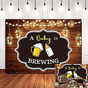 A Baby is Brewing Themed Photography Backdrop for Baby Shower Party Banner Decorations Vinyl 7x5ft Beer Bottle Rustic Wood Glitter Photo Background Photo Booth Studio Props Cake Table Supplies