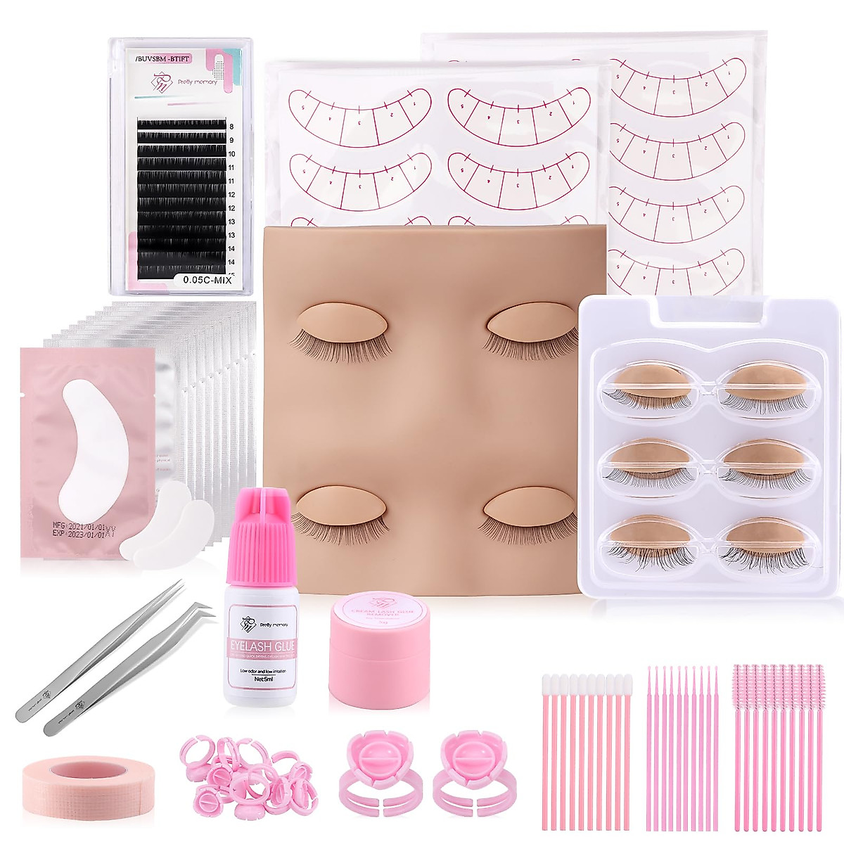 Pretty memory Lash Extension Supplies Eyelash Extension Kit, Lash Mannequin Head with Removable Eyelids Silicone Practice Set for Makeup and Eyelash Graft