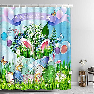 Ikfashoni 4 Pcs Easter Shower Curtain Set with Non-Slip Rugs, Toilet Lid Cover and Bath Mat, Spring Floral Shower Curtains with 12 Hooks, Rabbit Bunny Egg Shower Curtains for Bathroom