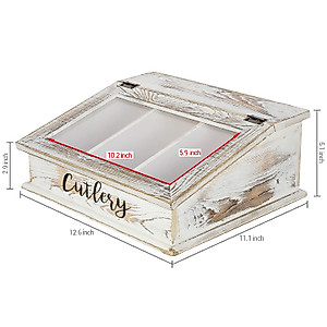 MyGift 3-Compartment Whitewashed Solid Wood Cutlery Tray Box Organizer with Clear Acrylic Hinged Lid & Black Cursive"CUTLERY" Label, Dining Utensil Holder
