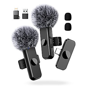 Ponovo Lavalier Microphone for USB C Android Phone, Wireless Mini Lapel Mic Compatible with iPhone 15 (USB-C), Dual Clip on Lav Mic Lasting 12H for Video Recording YouTube Vlog Tiktok Livestream