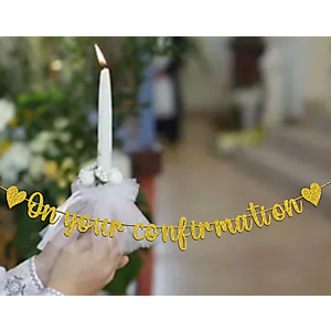 DONCIDAY On Your Confirmation Banner –NO-DIY - Gold Glitter Confirmation Decorations for First Religious Baptism Holy Confirmation Decor