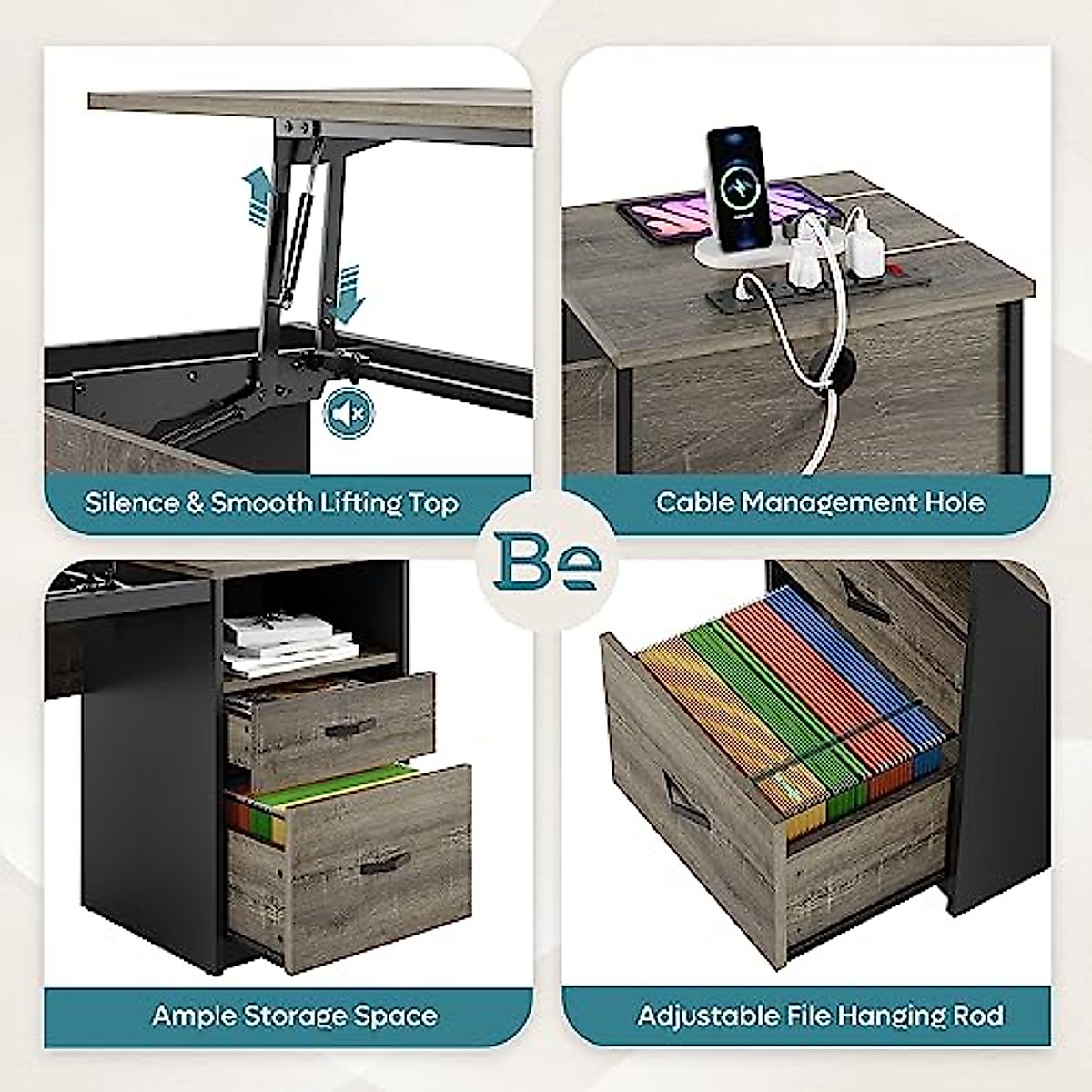 Bestier Lift Top Computer Desk with File Drawer, 60" Large Office Desk with Power Outlet USB Port Built in Writing Study Computer Table with Storage Workstation for Home Office Bedroom, Gray