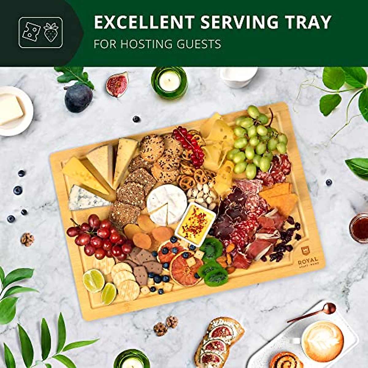 Bamboo Cutting Boards for Kitchen - Kitchen Chopping Board for Meat (Butcher Block) Cheese and Vegetables | Wooden Cutting Board Heavy Duty Serving Tray with Handles (XXXL, 24" x 18")