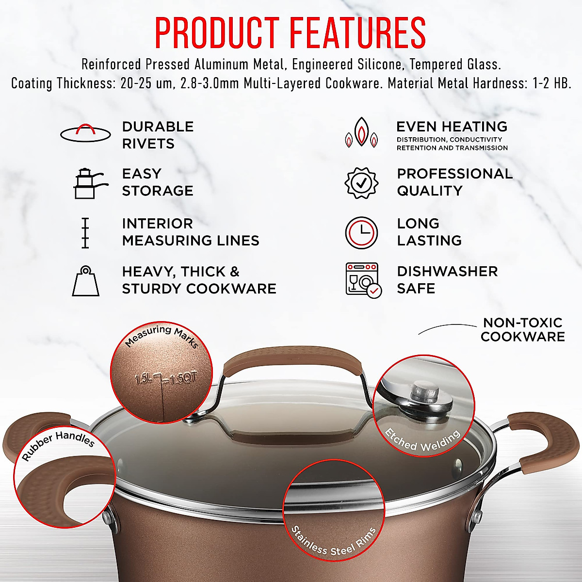 Pots and Pans Set – 14 Piece – Non-Stick Professional Home Kitchenware – Cooking Pots with Lids – Skillet Fry Pans – Suitable for Gas, Electric, Ceramic and Induction Counter Cooktops - Golden