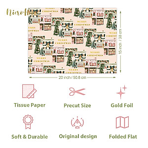 NICROHOME EUR 24 Sheets Christmas Tissue Paper, Sage Green Pink Tissue Wrapping Paper with Christmas Tree House Snowman Socks Pattern, Small Gifts Wrapping Paper for Xmas Crafts Gifts (15 X 20 Inch)