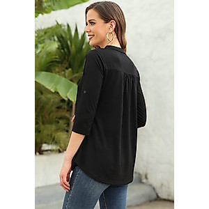 Ninedaily Black Blouses for Women Fashion 2025,Business Casual Dressy Workwear Tops Ladies Elbow Length 3 4 Sleeve Tunic Shirts Mandarin Collar V Neck Formal Professional Blouse Elegant Going Out, M