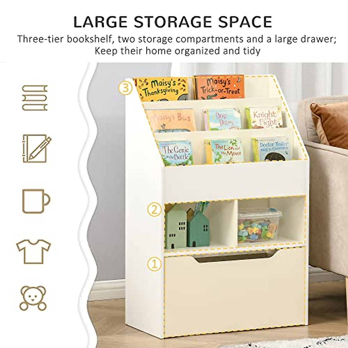 HOMCOM Kids Bookcase Multi-Shelf Rack Organizer with Storage Drawer for Books, Playroom, White