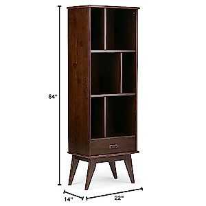 SIMPLIHOME Draper SOLID HARDWOOD 22 Inch Mid Century Modern Bookcase and Storage Unit in Medium Auburn Brown, For the Living Room, Study Room and Office
