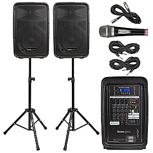 Knox Gear Dual Speaker and Mixer Set–Portable 8” 300 Watt DJ PA System with Wired Microphone & Tripod Stands, Amplifier, Bluetooth, USB, SD, 1/4” Line RCA, XLR Inputs, Ideal for a party or event