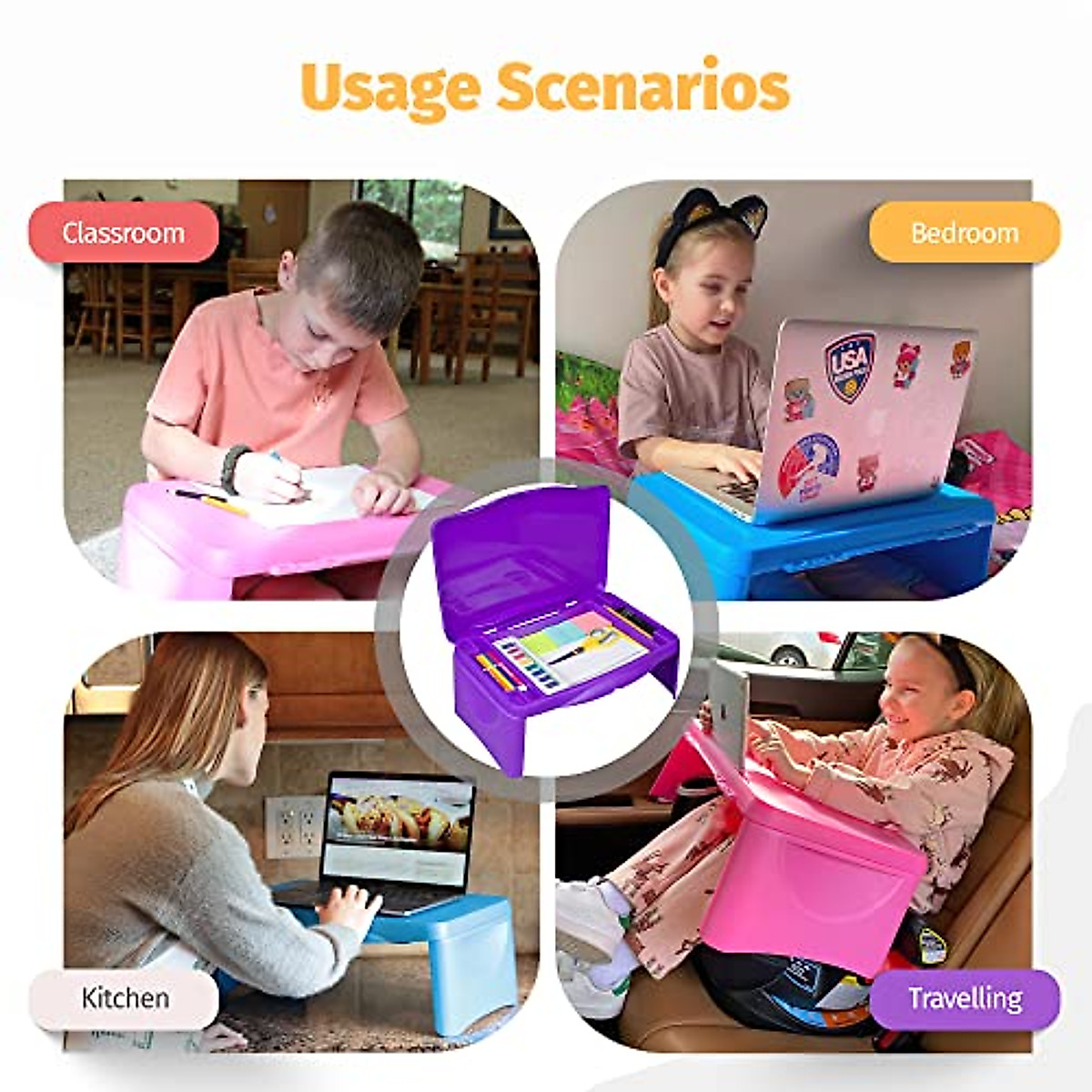 Purple Folding Lap Desk - Foldable Table for Work, Study, Gaming, Arts, Crafts, School - Collapsible Laptop Tray with Storage Compartment - Portable Writing Station for Kids, Adults