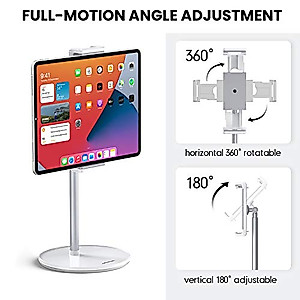 AboveTEK Tablet Stand Holder, 360 Swivel Angle Height Adjustable Cell Phone Holder for Desktop, Aluminum iPad Mount Fits 4.5"-13.5" Tablet/Phones Such as iPhone Samsung, iPad, Switch, Kindle(Silver)