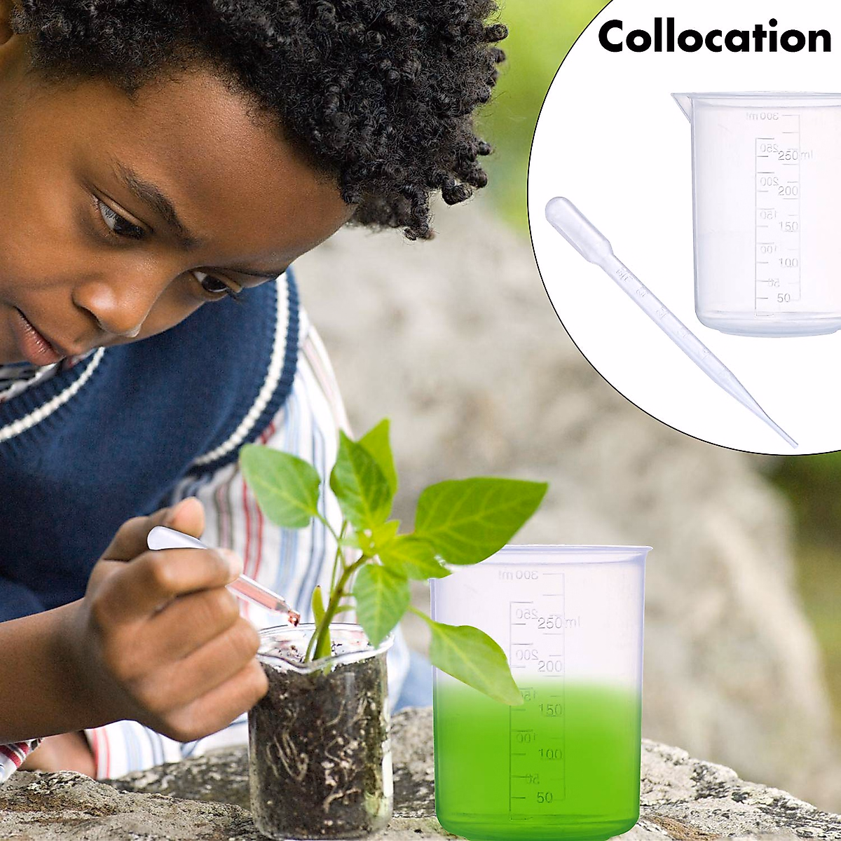 Plastic Beaker Set, 5 Sizes Low Form Measuring Graduated Griffin Polypropylene Beakers in 500 ml, 250 ml, 100 ml, 50 ml, 25 ml for Laboratory, & Science Experiments with 5 Plastic Droppers in 3 ml