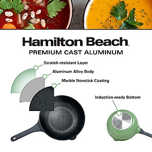Hamilton Beach 5.5 Quart Dutch Oven Green with Marble Nonstick Coating,Die-Cast Aluminum Dutch Oven Pot Induction bottom, Gray Soft Touch Handle, Glass Lid with Silicone Rim for Cooking