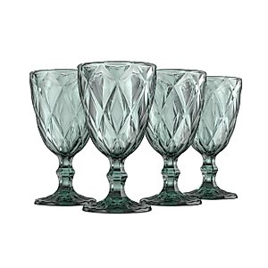Greenline Goods Gray Goblet Glasses - Set Of 4 (10 oz) Vintage Water, Wine, Drink Glassware Set - Modern Diamond Textured Drinking Glasses - Unique Embossed Pattern - Unique Stemmed Glassware