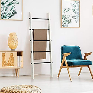 MyGift 5-ft Vintage White Wood Leaning Quilt and Blanket Ladder with Metal Pipe Rungs, Bathroom Towel Storage Rack with 5 Hanging Bars