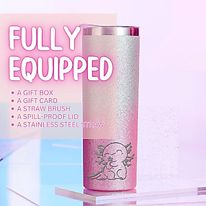 Onebttl Cute Axolotl Gifts for Girls/Women, Axolotl Stuff, Axolotl Water Bottle, Insulated 20 oz Stainless Steel Skinny Tumbler with Straw, Brush, Lid, and Gifts Box, Pink-Silver Gradient Glitter