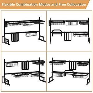 Dish Drying Rack Over The Sink, Adjustable（33.5-40.5in） Large Dish Rack Drainer for Kitchen Organization Storage Space Saver Shelf Holder with 7 Utility Hooks Dish Rack Over Sink【Fit Sink 32"- 39" L】