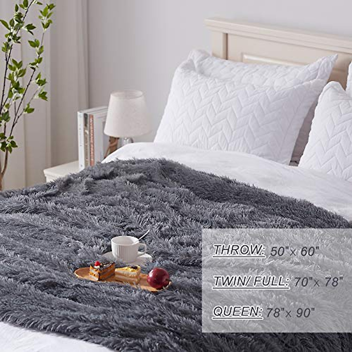 NexHome Soft Shaggy Faux Fur Blanket Throw Blanket 50" x 60", Solid Reversible Fluffy Cozy Comfy Microfiber Long Faux Fur Decorative Blankets for Sofa Couch Bed Chair Photo Props,Light Gray