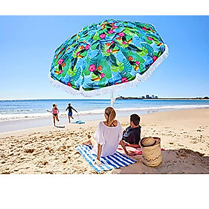 AMMSUN 6.5ft Heavy Duty HIGH Wind fringe Beach Umbrella with sand anchor & Tilt Sun Shelter , UV 50+ Sun Protection Outdoor Sunshade Umbrella with Carry Bag for Patio Garden Beach Pool Backyard Sports Multicolor Green