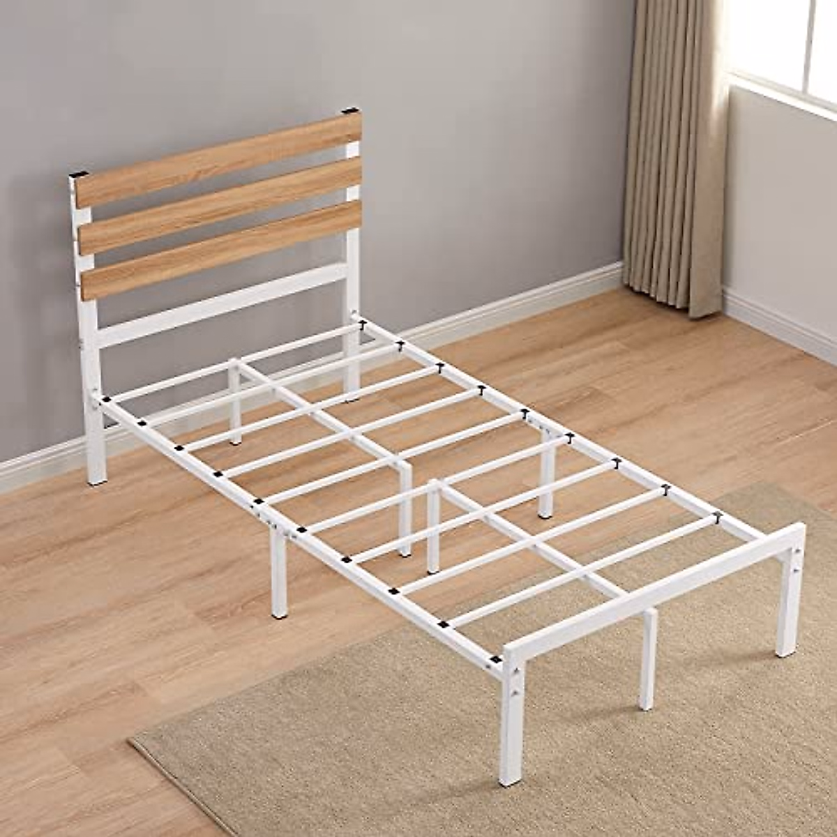 GreenForest Twin Bed Frame with Wooden Headboard Platform Bed with Metal Support Slats NO-Noise Heavy Duty Bed Base Industrial Style with 9 Strong Legs,Mattress Foundation,Twin