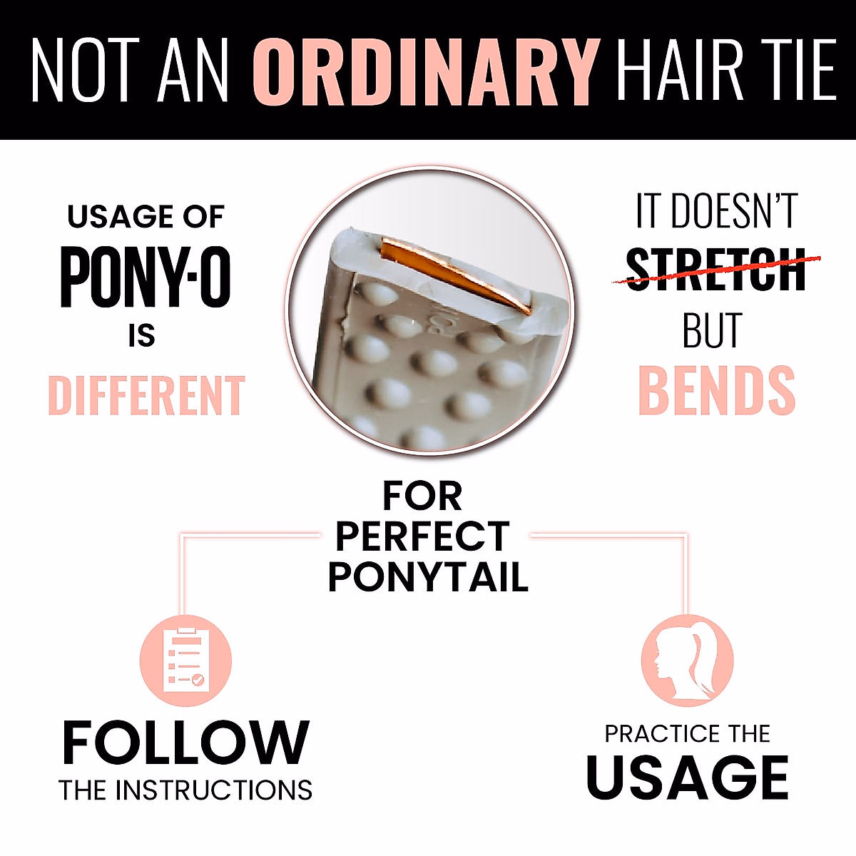 PONY-O- Fine, Medium or Slightly Thick Hair - Original No Damage Volumizing Ponytail Hair Ties - Patented Bendable Design - Stylish Hair Accessories for Women - 2 Pack Black & Dark Blond - Medium