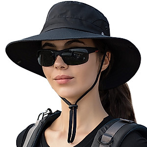 HGGE Women Ponytail Summer Sun Hat Wide Brim UV Hats Floppy Bucket Cap for Safari Beach Fishing Gardening Pure Black