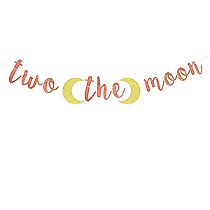 Rose Gold Glitter Two the Moon Banner - Cheers to 2 Years Bunting Sign- Sweet Baby Girl/Sweet Baby Boy/Baby Shower/Happy 2nd Birthday Party Decorations Supplies for Child (Pre-Strung)