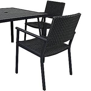 JIVOIT Outdoor Patio PE Wicker 5-Piece Dining Table Set, Dining Table with Umbrella Hole and 4 Dining Chairs Set, Conversation Set Bistro Set for Backyards Garden Deck
