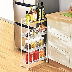 KINGRACK 4-Tier Slim Rolling Storage Cart with Wooden Tabletop,Skinny Mobile Kitchen Pantry Cart Metal with Wheels, Slide Out Utility Narrow Rolling Cart Easy Assemble for Tight Spaces, White