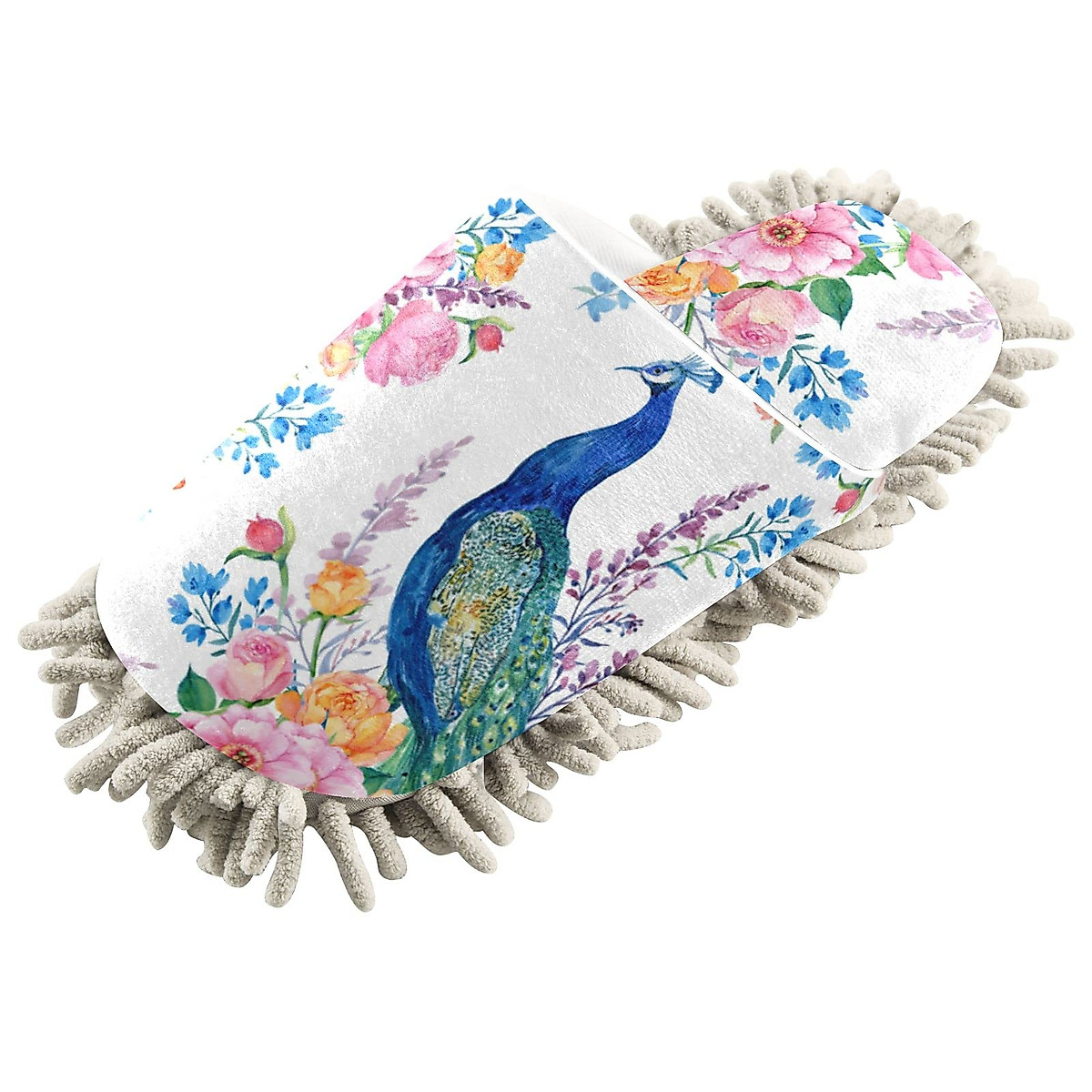 Birds Peacocks Flowers Mop Slippers Shoes Cover for Floor Cleaning Washable Dirty Hair Dust Cleaners Microfiber Mop Socks for House Kitchen Office