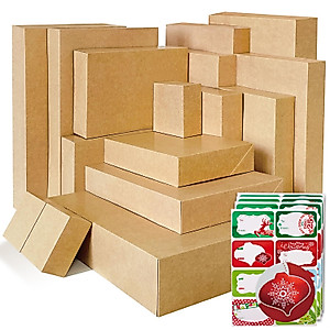 16 Kraft Gift Wrap Boxes Bulk with Lids for Wrapping Extra Large Clothes and 80 Count Christmas Tag Stickers(Assorted size for Shirts, Robes, Coats, Sweaters, clothing and xmas Holiday Present)