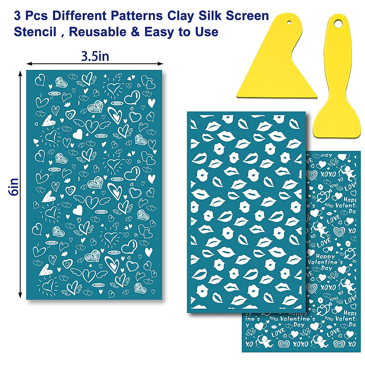 Juome Valentine's Day Silk Screen Stencils for Polymer Clay, 3Pcs Reusable Silk Screens Printing Kit for Polymer Clay Cutters, Polymer Clay Tools for Earring Jewelry Making