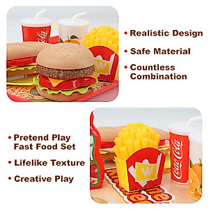 Sotodik Pretend Play Food Set for Children,Removable Fast Food Playset with Tray Hamburger Hotdog Fries Combo,Play Kitchen Accessories Role Play Toys,Educational Gift for Kids Boys Girls (15 PCS)