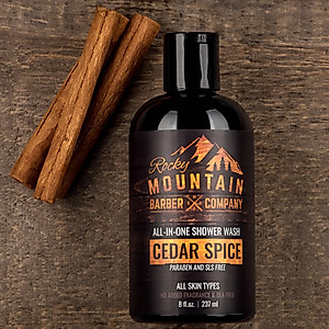 Rocky Mountain Barber Company Cedar Spice All-In-One Body Wash – Shampoo, Body Wash, Conditioner, Face Wash & Beard Wash with Essential Oils - 8 oz