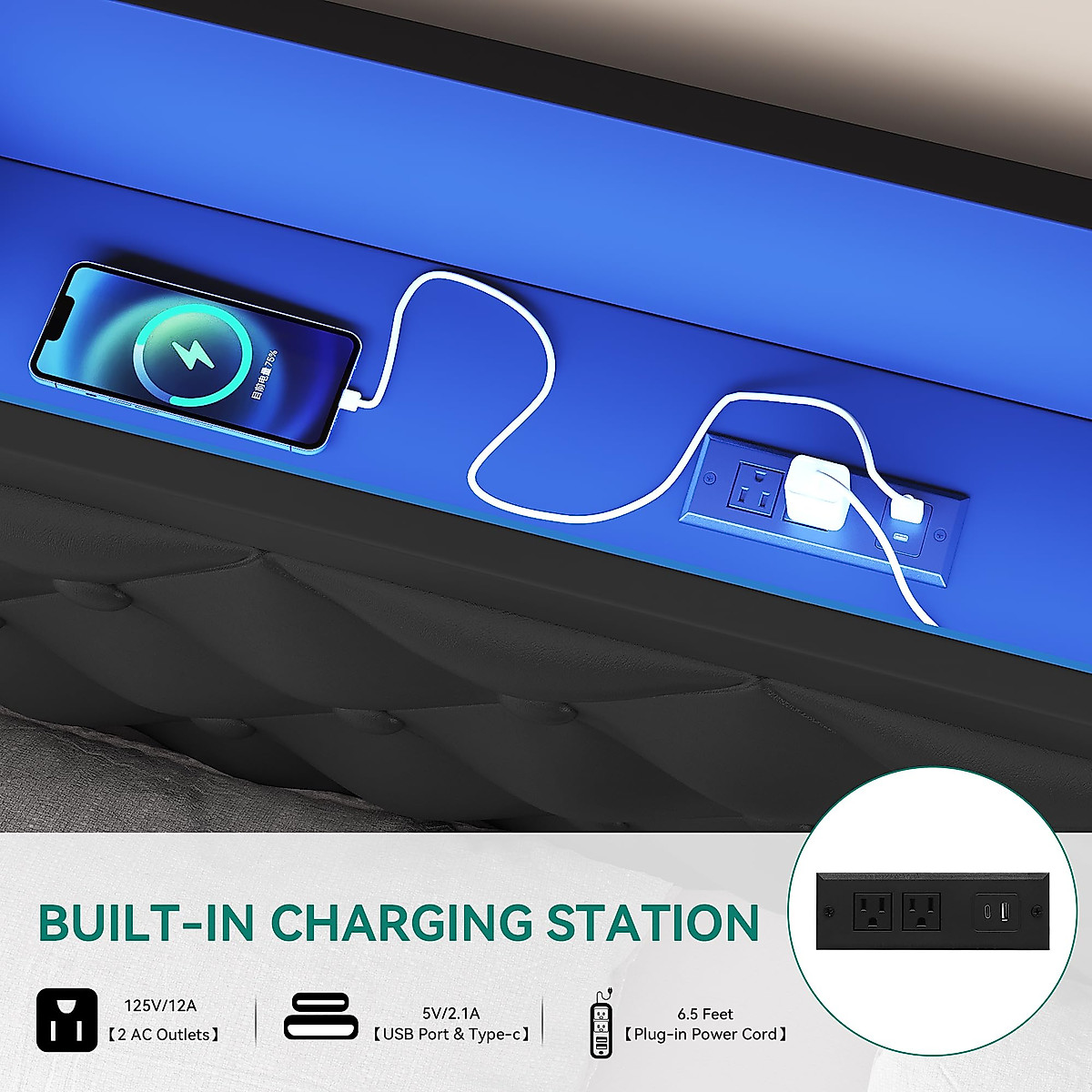 YITAHOME Queen Bed Frame with Headboard & 4 Storage Drawers, Modern Upholstered Faux Leather Platform Bed with RGB LED Lights & USB-C Charging Ports, No Box Spring Needed, Black