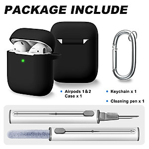 Woyinger for AirPods Case Cover, Come with Clean Pen，Soft Silicone Protective Cover with Buckle for Women Men Compatible with Apple AirPods 2nd 1st Generation Charging Case, Front LED Visible,Black