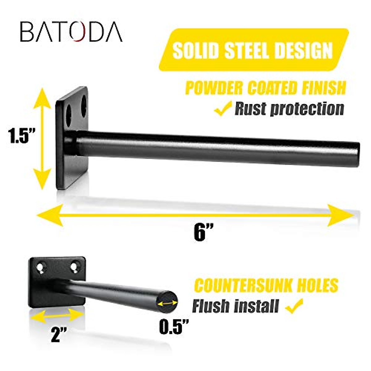 BATODA 6" Floating Shelf Bracket (4 pcs) – Solid Steel Blind Shelf Supports - Hidden Brackets for Floating Wood Shelves - Blind Shelf Support - Shelving Mounting Hardware Included (Pack 4)