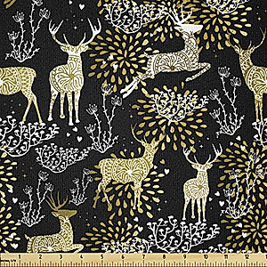 Ambesonne Christmas Fabric by The Yard, Nature Woodland and Deer Silhouettes with Oriental Ornaments Design, Stretch Knit Fabric for Clothing Sewing and Arts Crafts, 2 Yards, Yellow White
