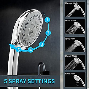 High Pressure Shower Head with Handheld,5-Settings Handheld Shower Head, High Flow with 59 Inch Stainless Steel Hose and Adjustable Bracket Teflon Tape Rubber Washers Easy Install